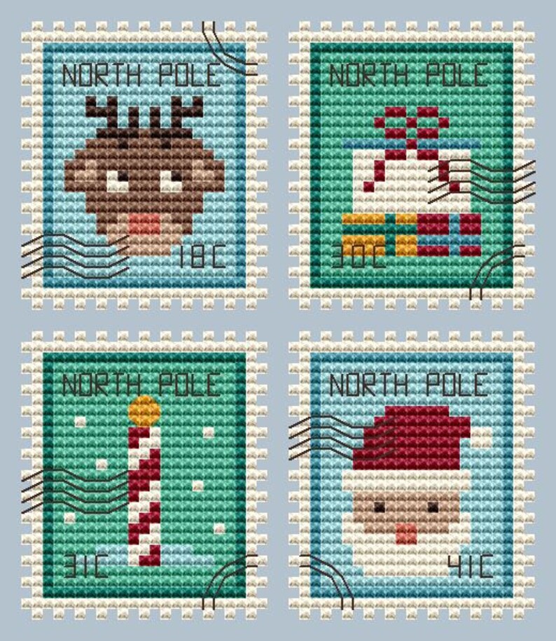 North Pole Postage Stamps Cross Stitch Pattern Deer Cross - Etsy