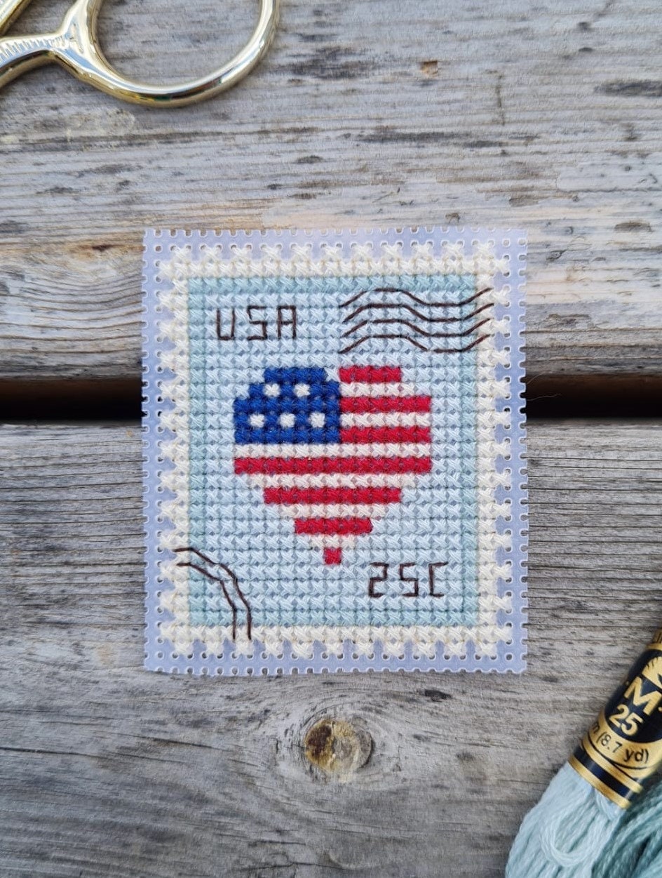 USA Postage Stamp Cross Stitch Pattern American Flag Heart Independence ...