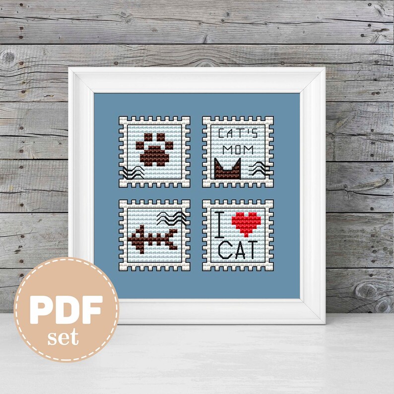 Cat Postage Stamps Cross Stitch Pattern, Beginner Hand Embroidery (PDF ...