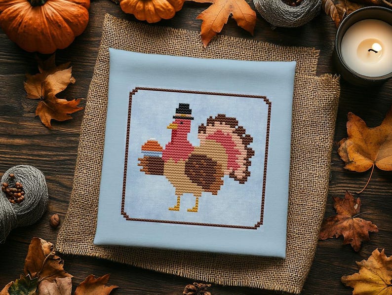 Turkey With Pie Cross Stitch Pattern, Thanksgiving Autumn (PDF Pattern ...