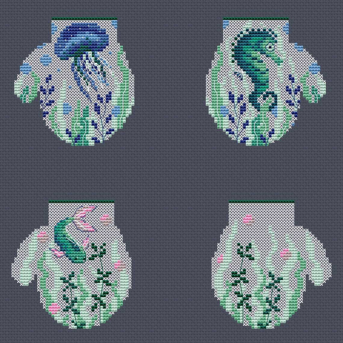 Mittens Undersea World Cross Stitch Pattern Sea Horse Jellyfish Cross ...