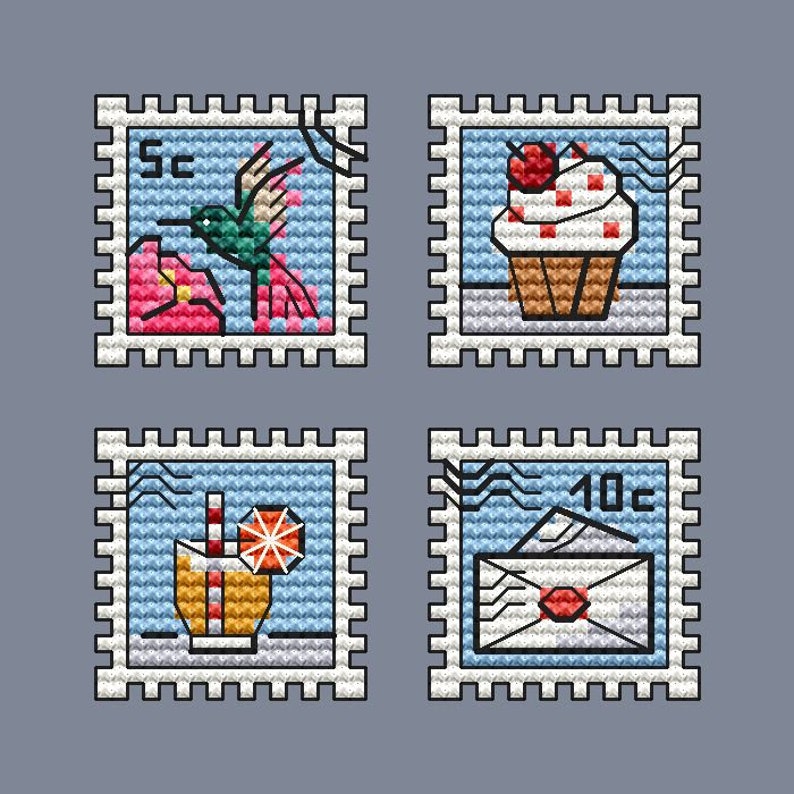 Summer Postage Stamps Cross Stitch Pattern: Bird, Cake, Cocktail (PDF ...
