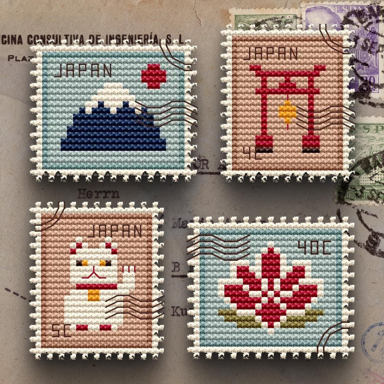 Japanese Postage Stamps Set Cross Stitch PDF | Complete Asian ...