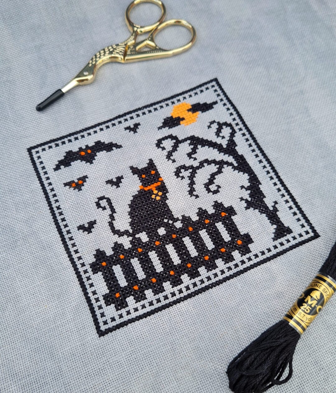 Halloween Cat Cross Stitch Pattern Black Cat Autumn Cross Stitch Bat ...