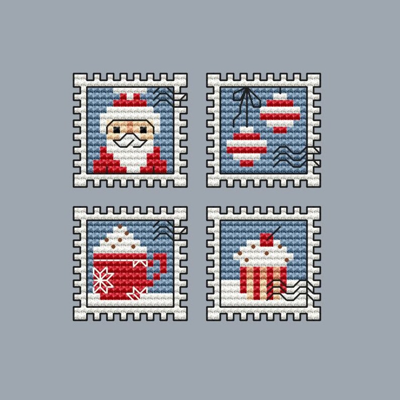 Christmas Postage Stamps Cross Stitch Pattern: Santa, Cocoa (PDF ...