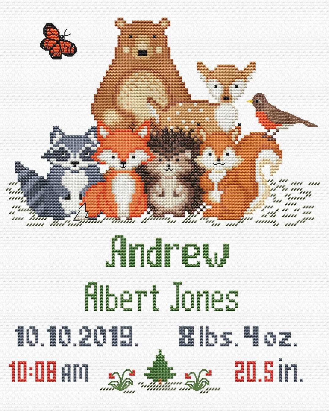 Birth Announcement Cross Stitch Pattern Woodland Animals Birth Record ...