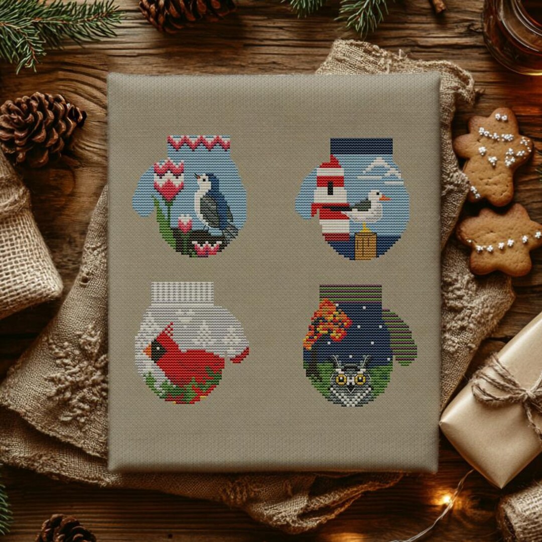 Four Seasons Mittens Cross Stitch Pattern: Owl, Bird, Lighthouse (PDF ...