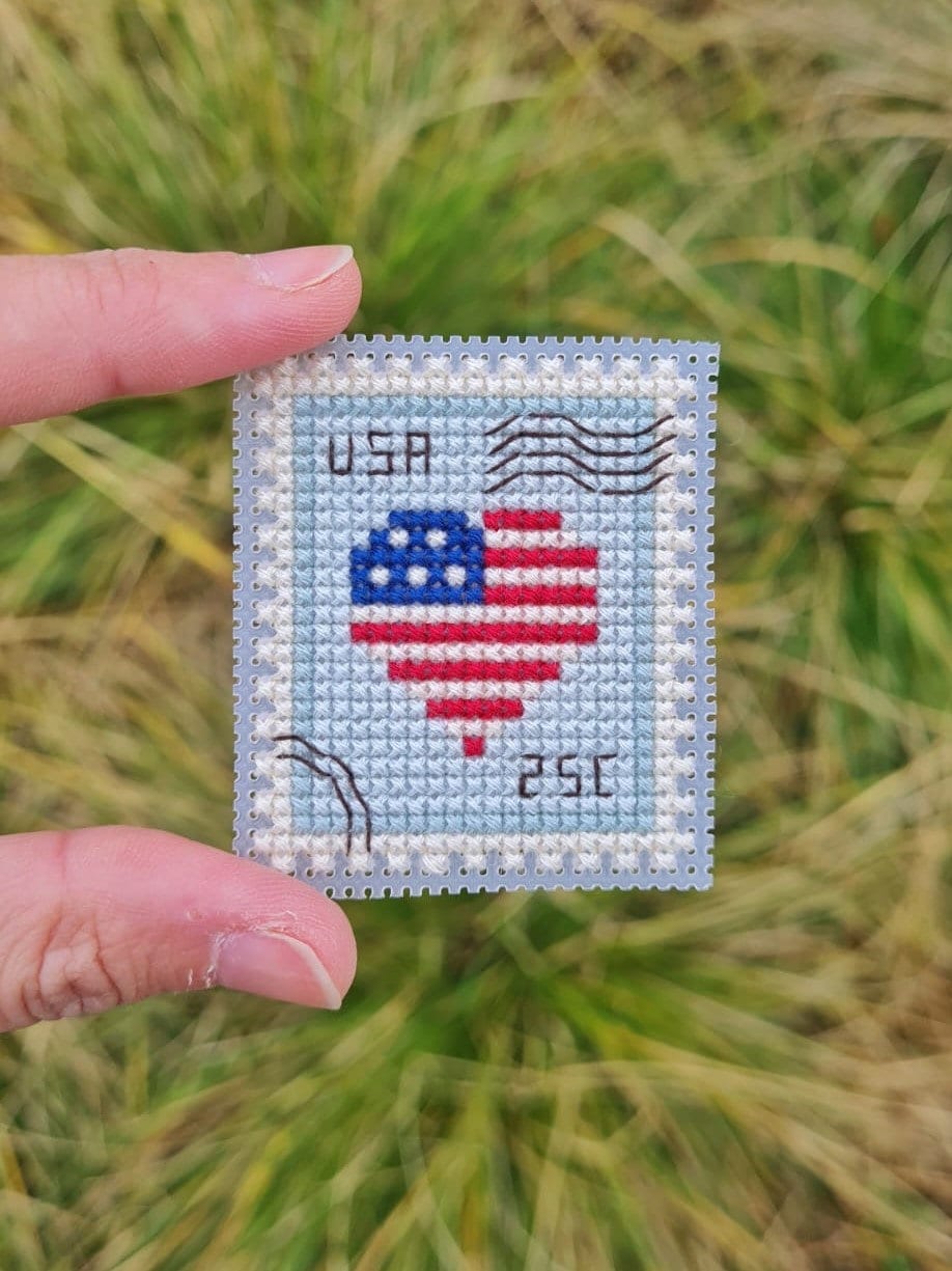 USA Postage Stamp Cross Stitch Pattern American Flag Heart Independence ...
