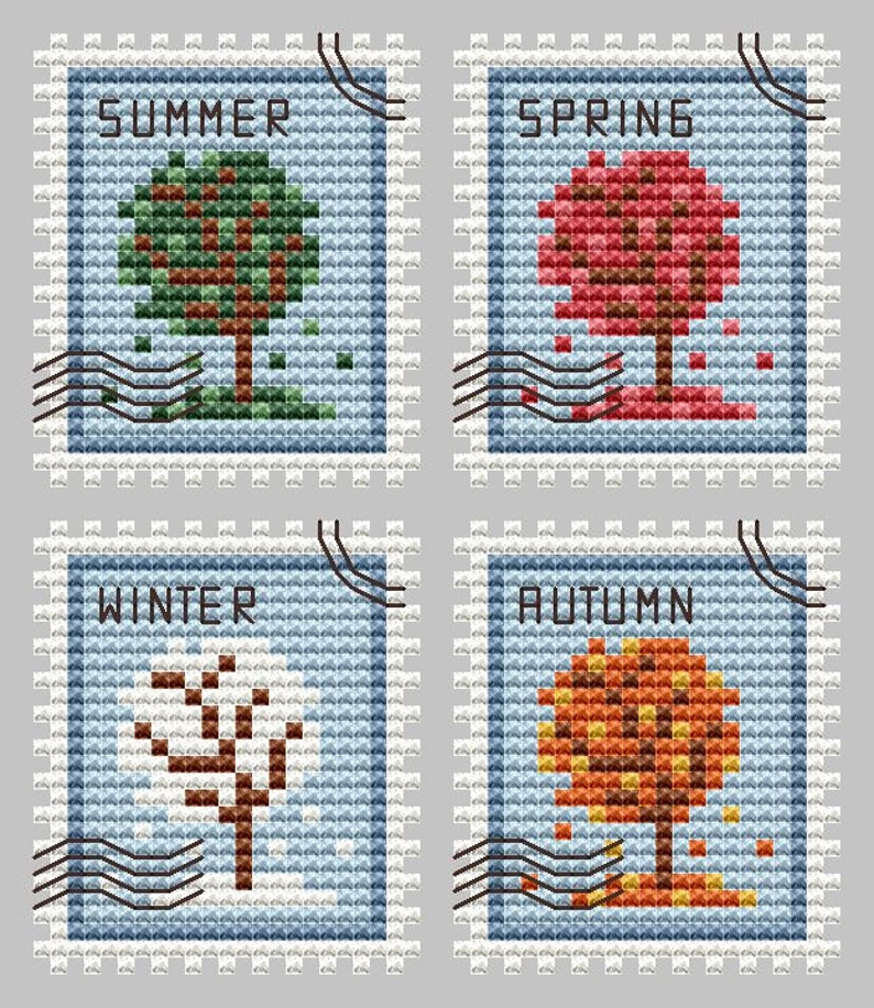 4 Seasons Postage Stamps Cross Stitch Pattern Autumn Cross Stitch ...