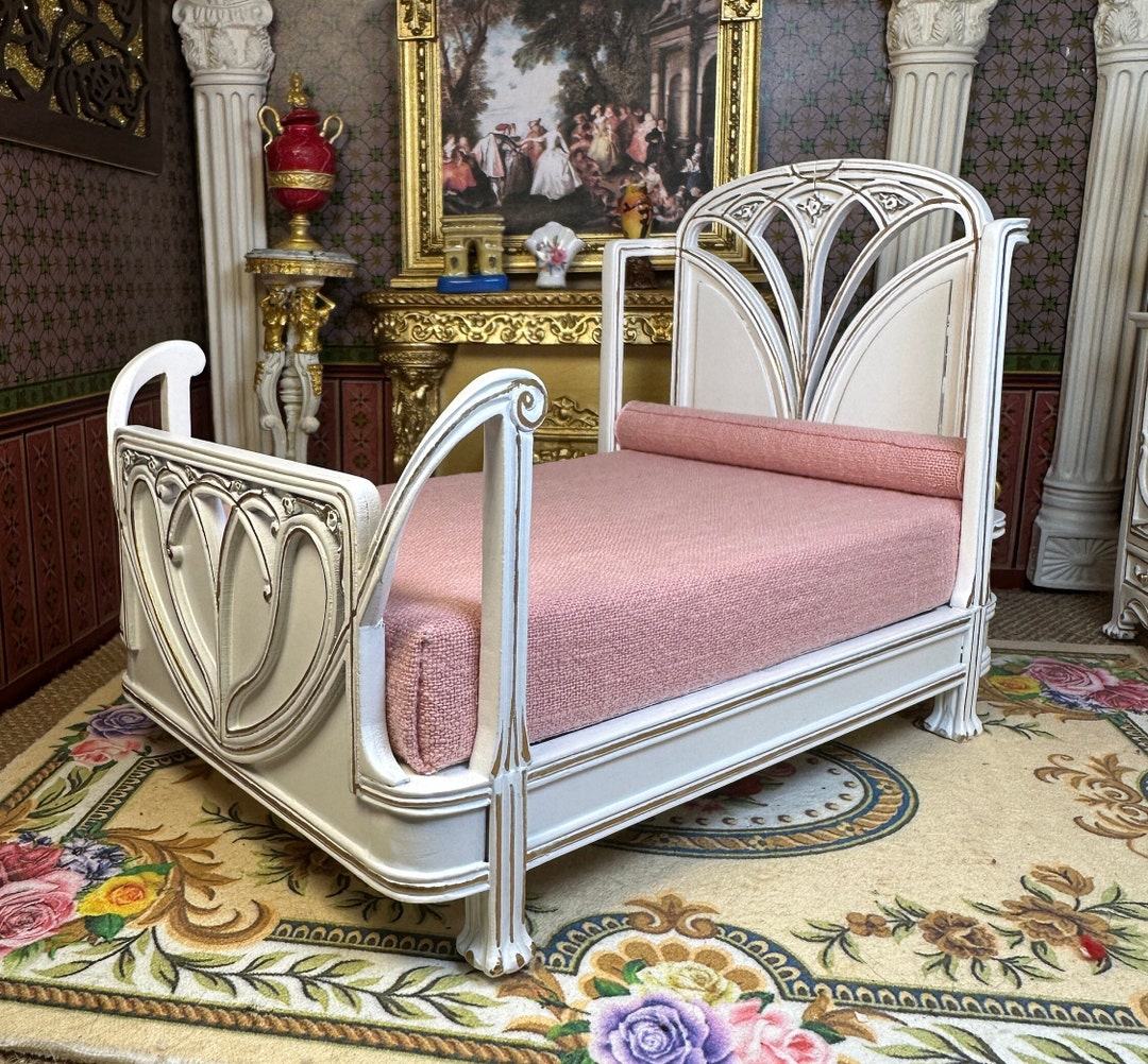 JBM Art Nouveau Miniature Dollhouse Decor Replica 1900 Double Bed White ...