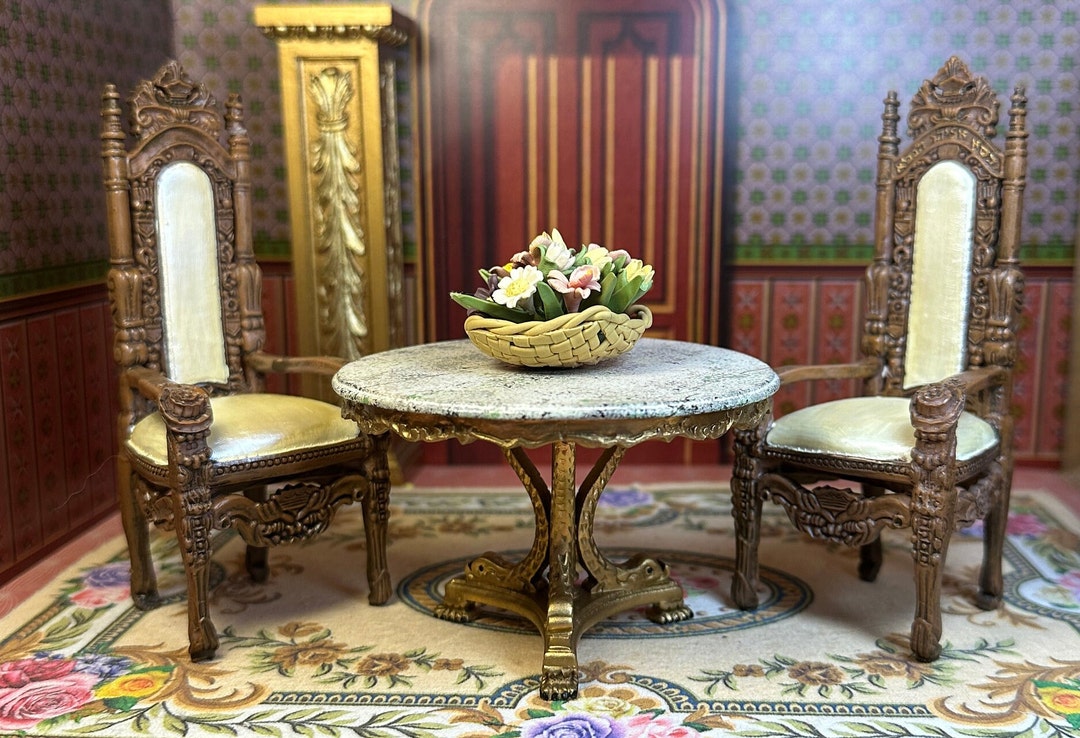 1:12 Vintage Dollhouse2 Cream on Brown Resin French Renaissance Throne ...