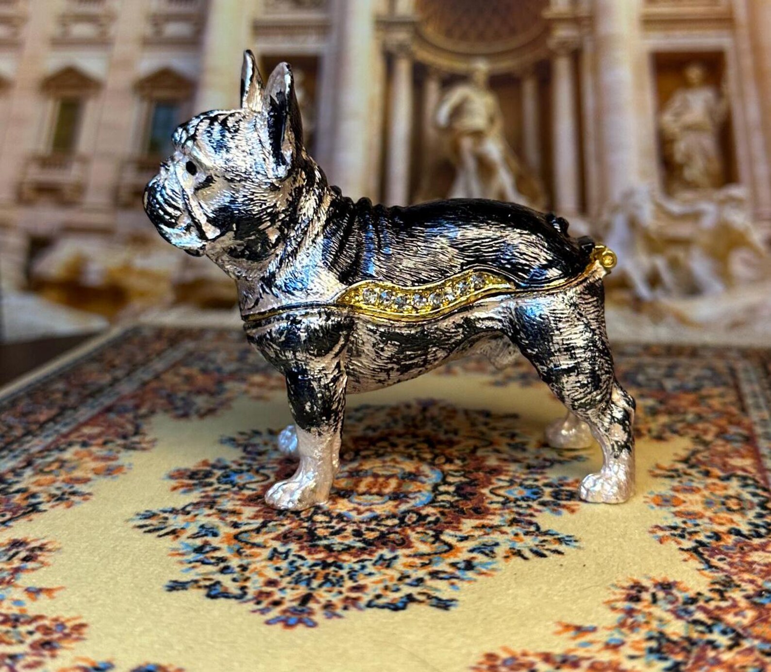 Miniature French Bulldog Metal Alloy Faux Precious Jewels Orange Enamel ...