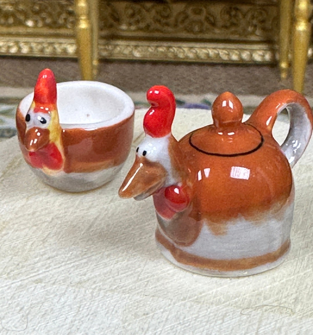 Vintage French Feves Chicken Cream Pitcher Sugar Bowl White Brown ...