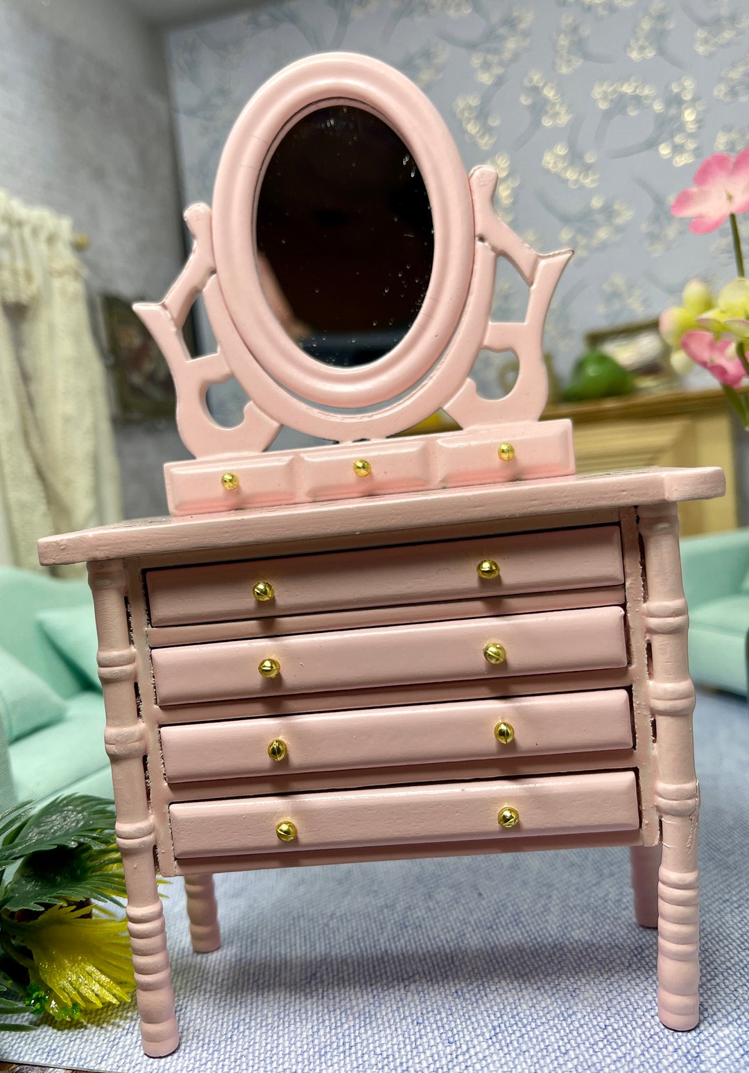 Miniature Dollhouse Scale Faux Vintage Pink Dresser Vanity With Mirror ...