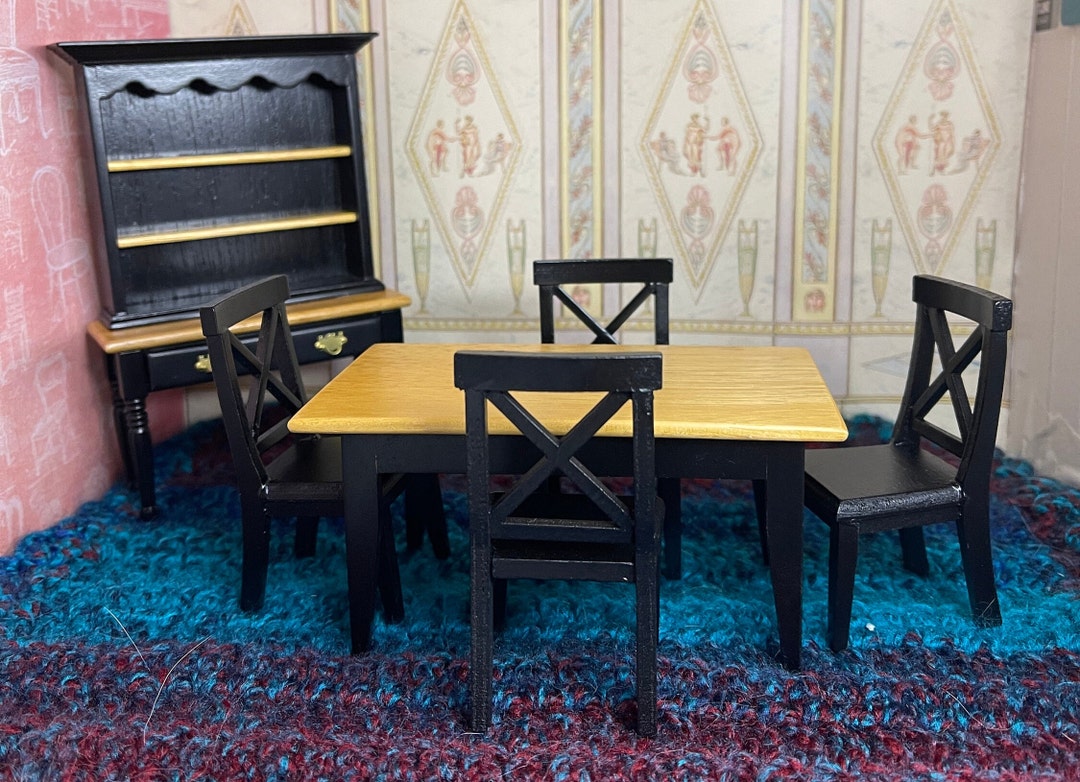Vintage Dollhouse Kitchen Table Set With Hutch, Maple and Black ...