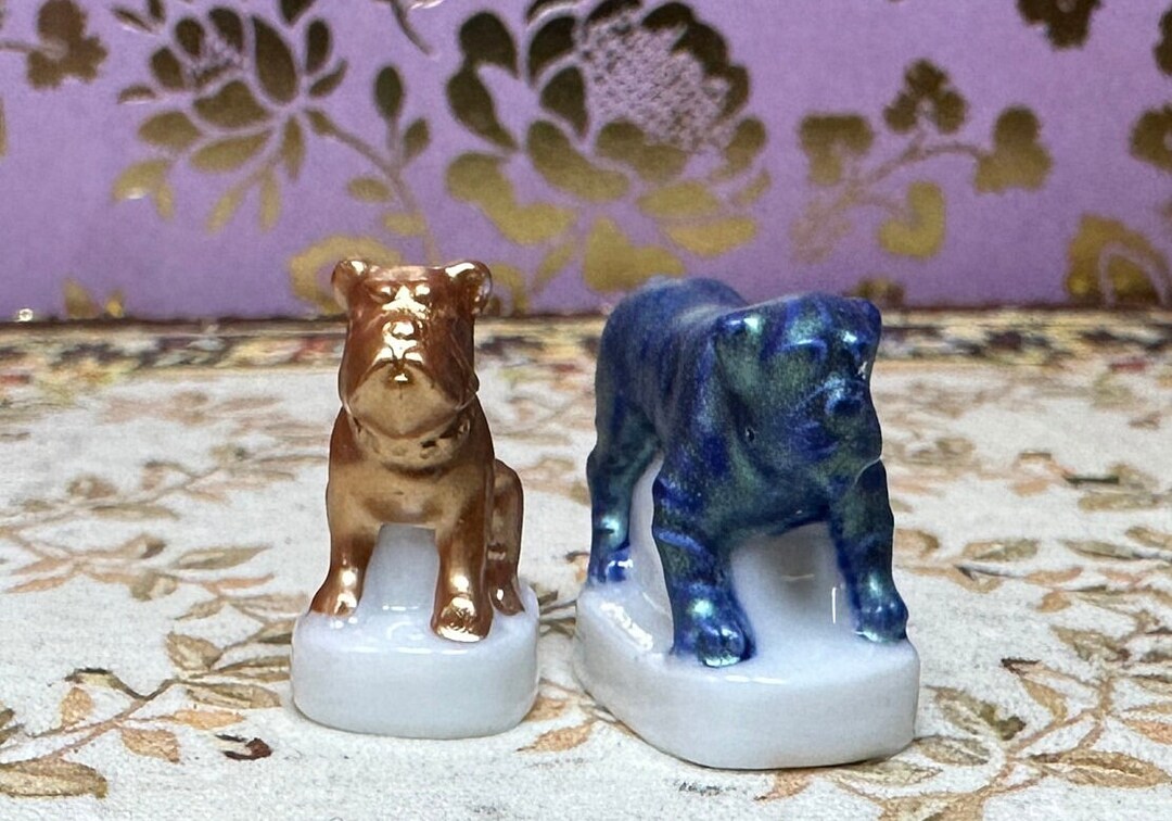 2 Miniature Dollhouse Decor French Feves Gold Blue Bulldog Puppies ...