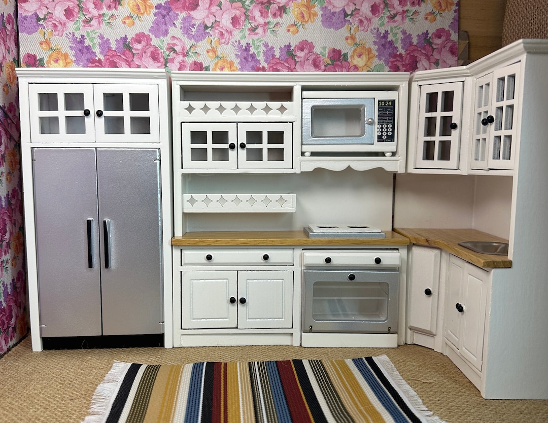1:12 Scale Dollhouse Miniature Kitchen Cupboard Set, White, Silver ...
