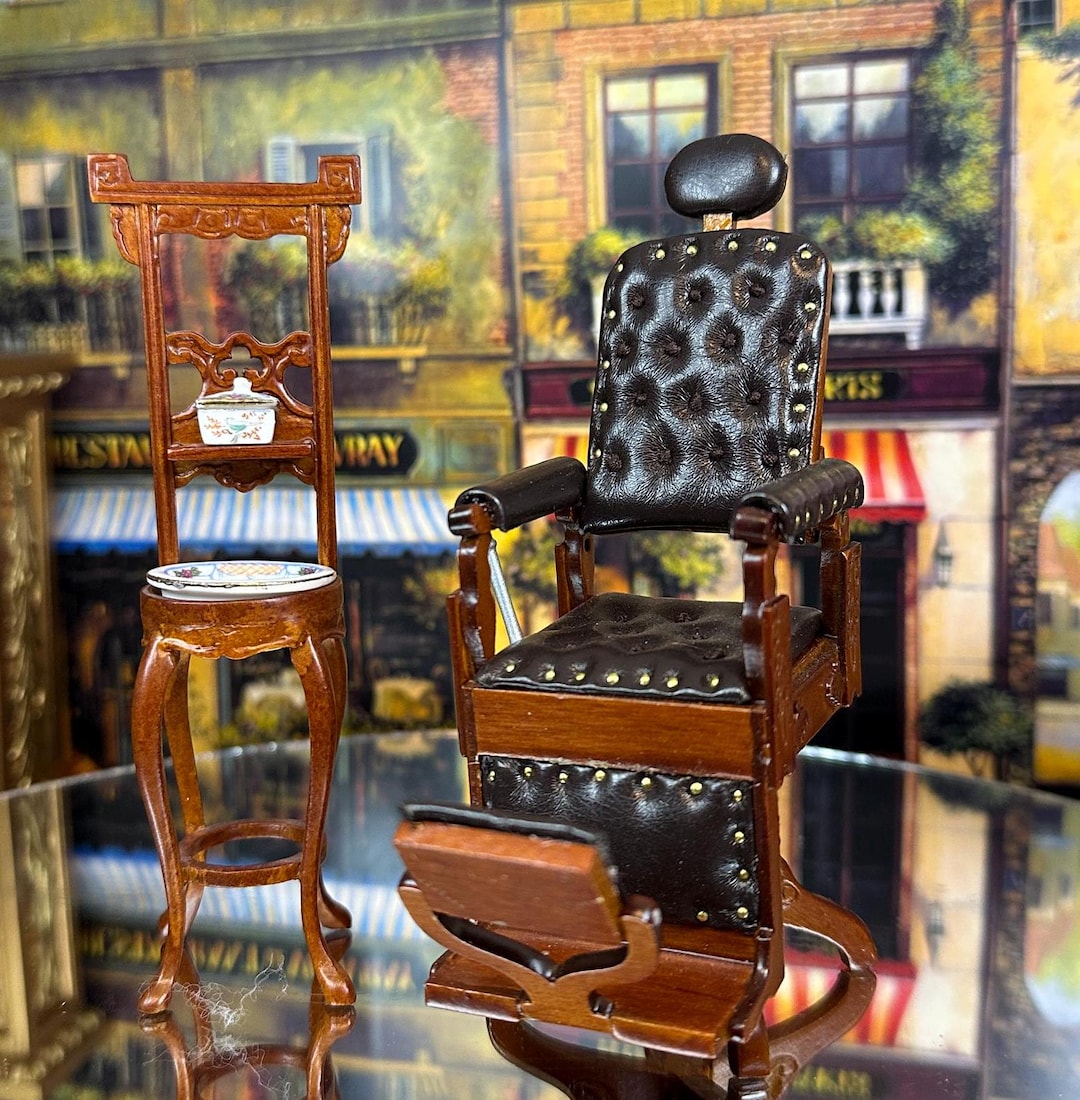 Victorian Barber Chair Miniature Replica – Walnut Finish, Faux Leather ...