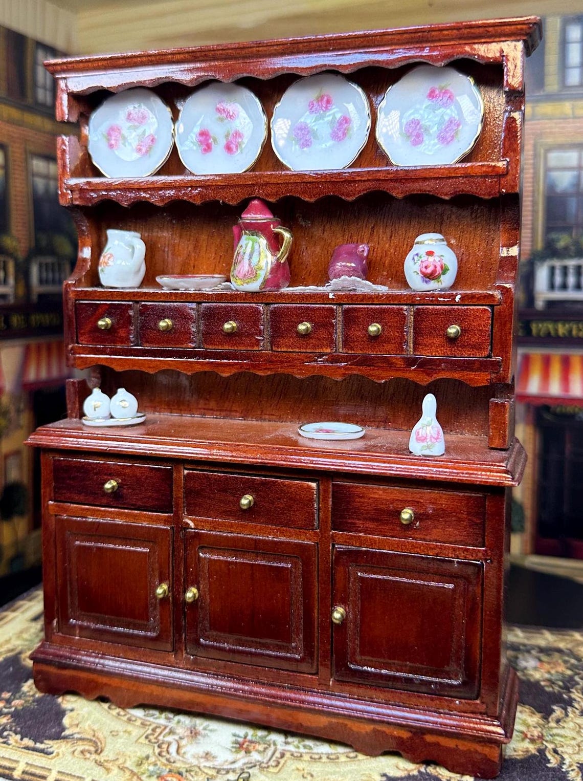 Miniature Dollhouse Decor Replica Walnut Reutter Porcelain County Hutch ...