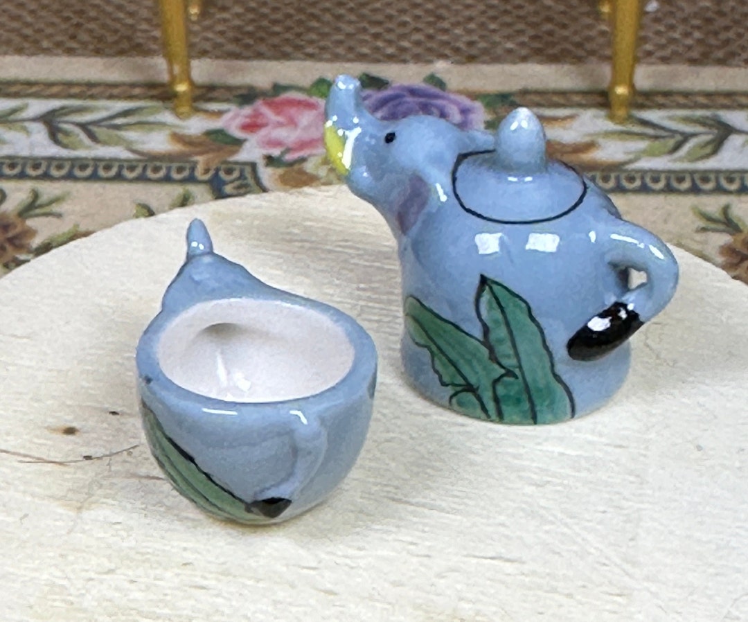 Porcelain French Feves Artisan Crafted 1:12 Elephant Blue Cream Pitcher ...