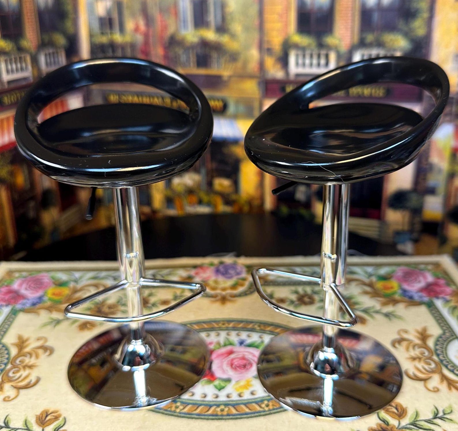 1:6 Scale Black Vinyl and Faux Stainless Steel Bar Stools Room Box 11 ...
