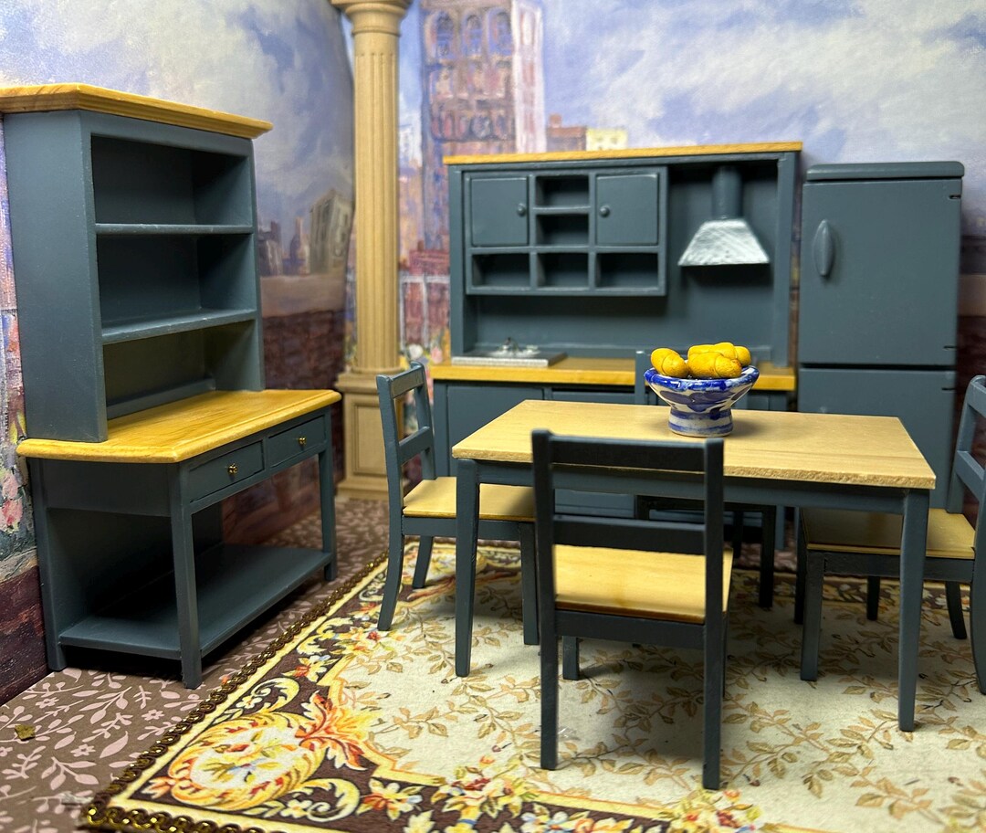 1:12 Dollhouse Kitchen Table 4 Chairs Stove Sink Refrigerator Hutch ...