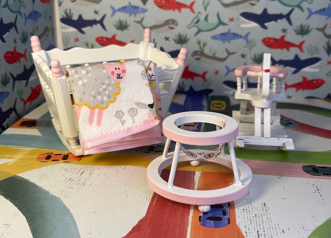 Collectible Miniature Dollhouse Decor Baby White Pink Cradle Horse ...