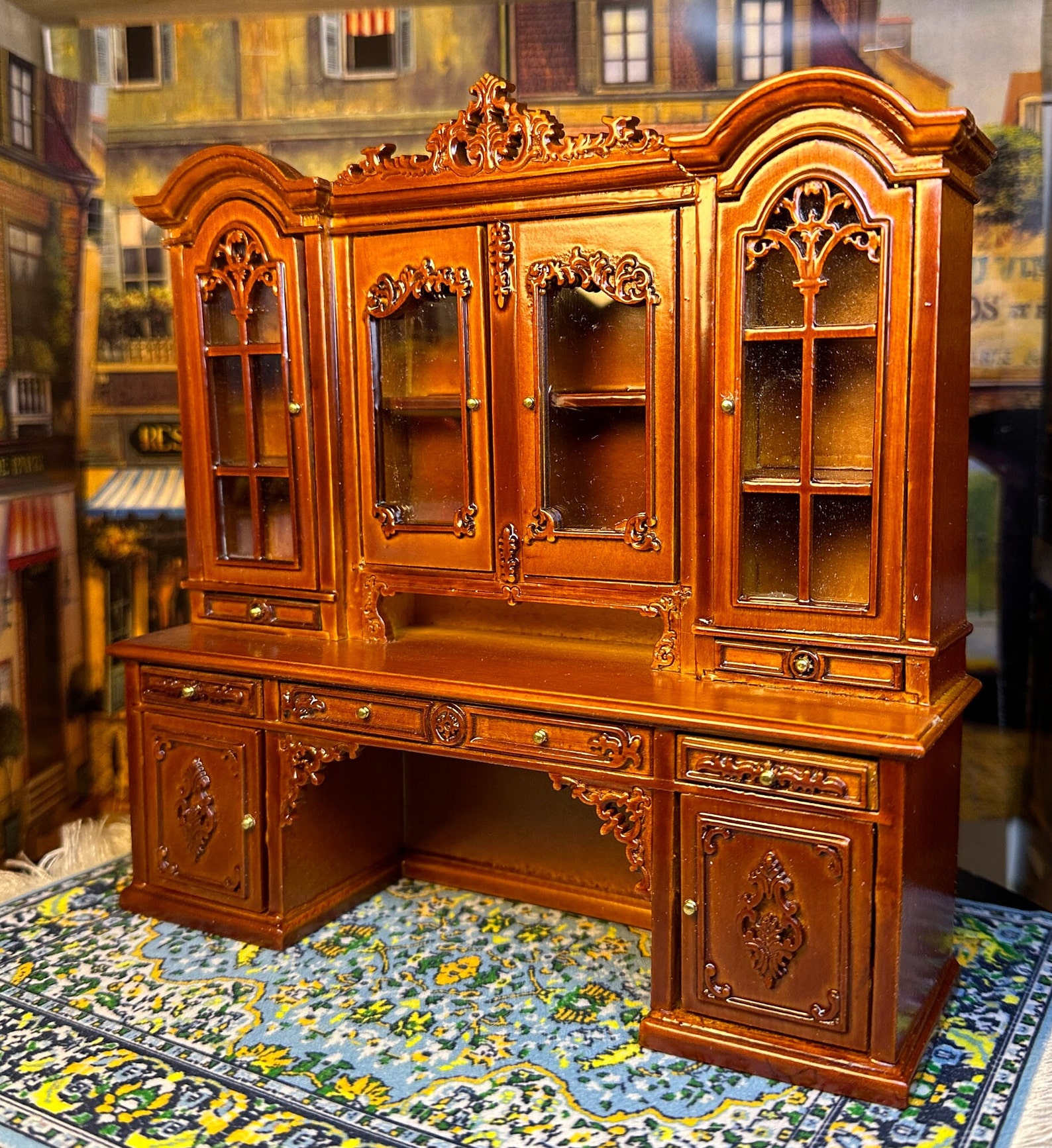 Miniature Dollhouse Decor Replica Walnut Wall Unit Desk Combination ...