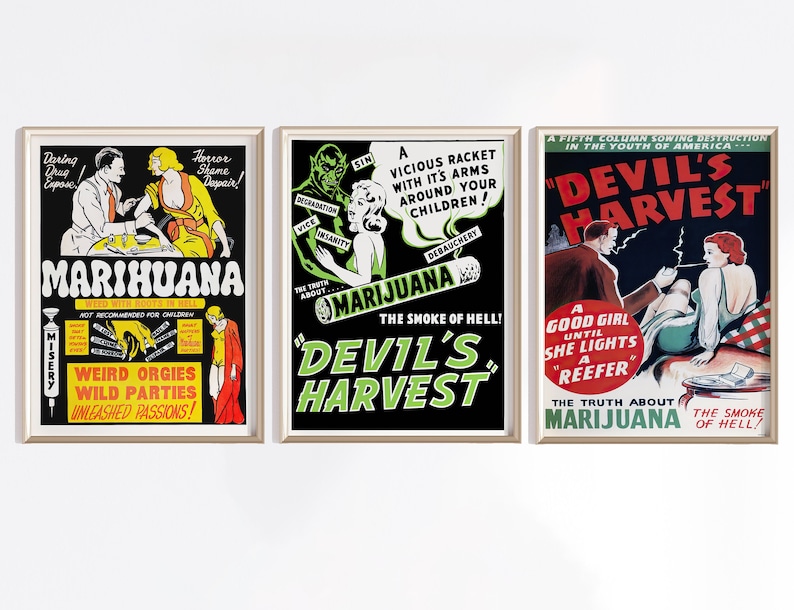 Marijuana Set of 3 Printable Posters Digital Download Devils Harvast Print Cannabis Wall Art ...