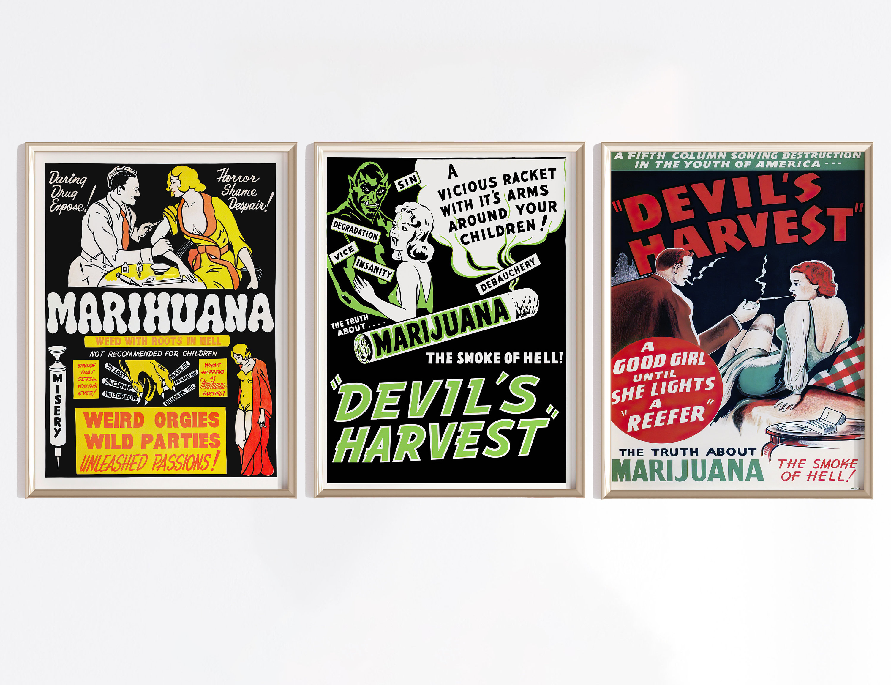 Marijuana Set of 3 Printable Posters Digital Download Devils Harvast Print Cannabis Wall Art ...