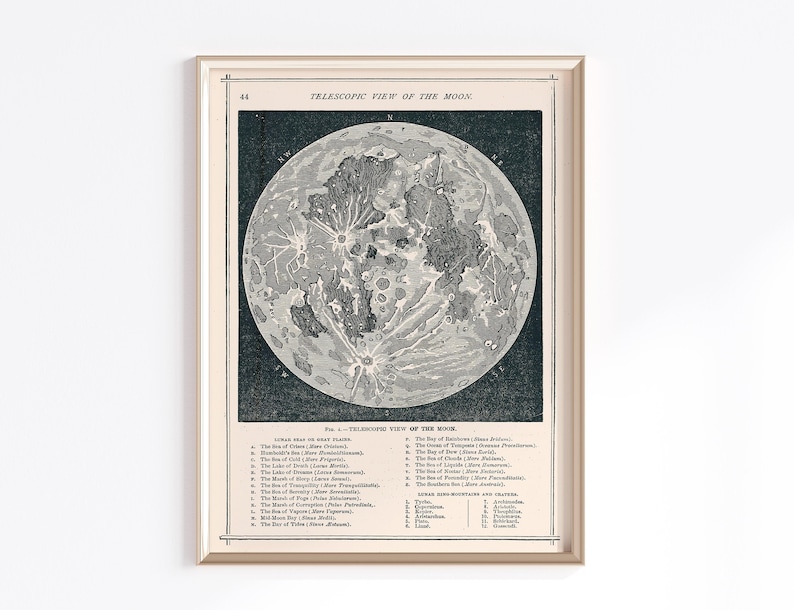 Printable Moon Map | Vintage Moon Poster | Astronomy | Antique Moon ...