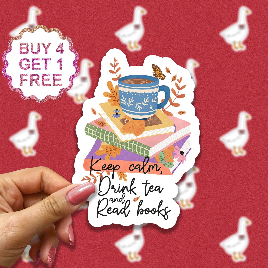 Tea Stacked Books Flower Stickers, Funny Book Stickers, Books Laptop ...