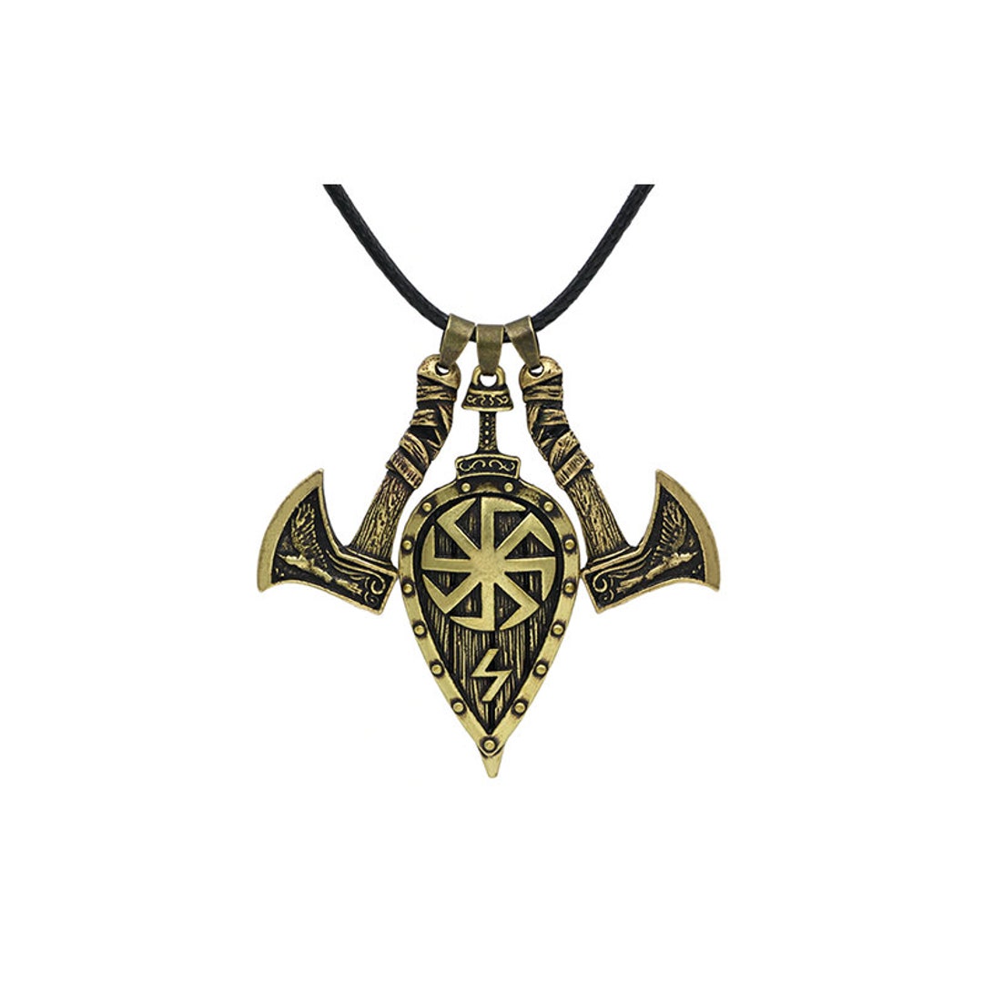 Carved Viking Ax and Shield Pendant in Aged Gold Color With Very Fine ...