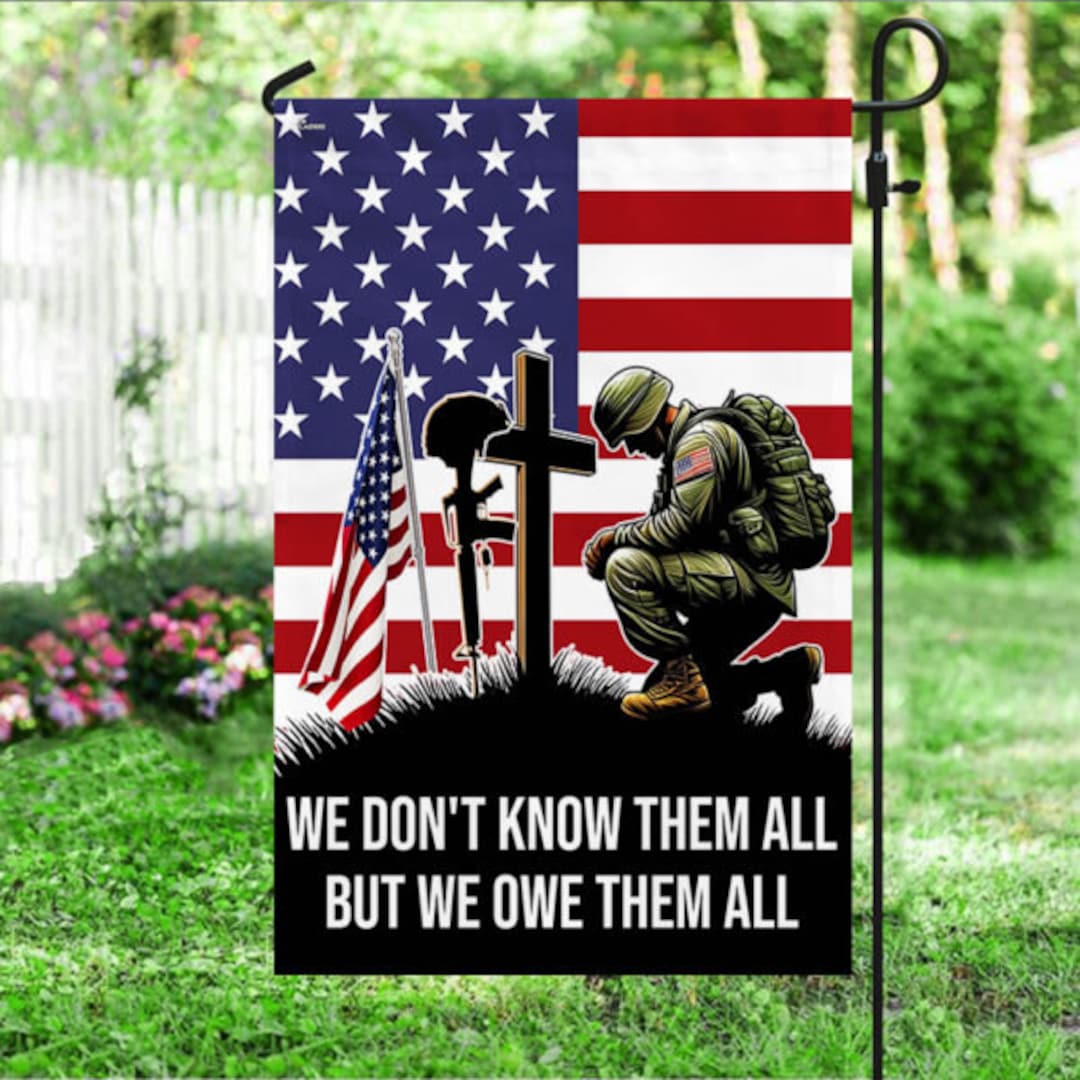 Veteran Kneeling Soldier Christian Cross Garden Flag, We Owe Them All ...