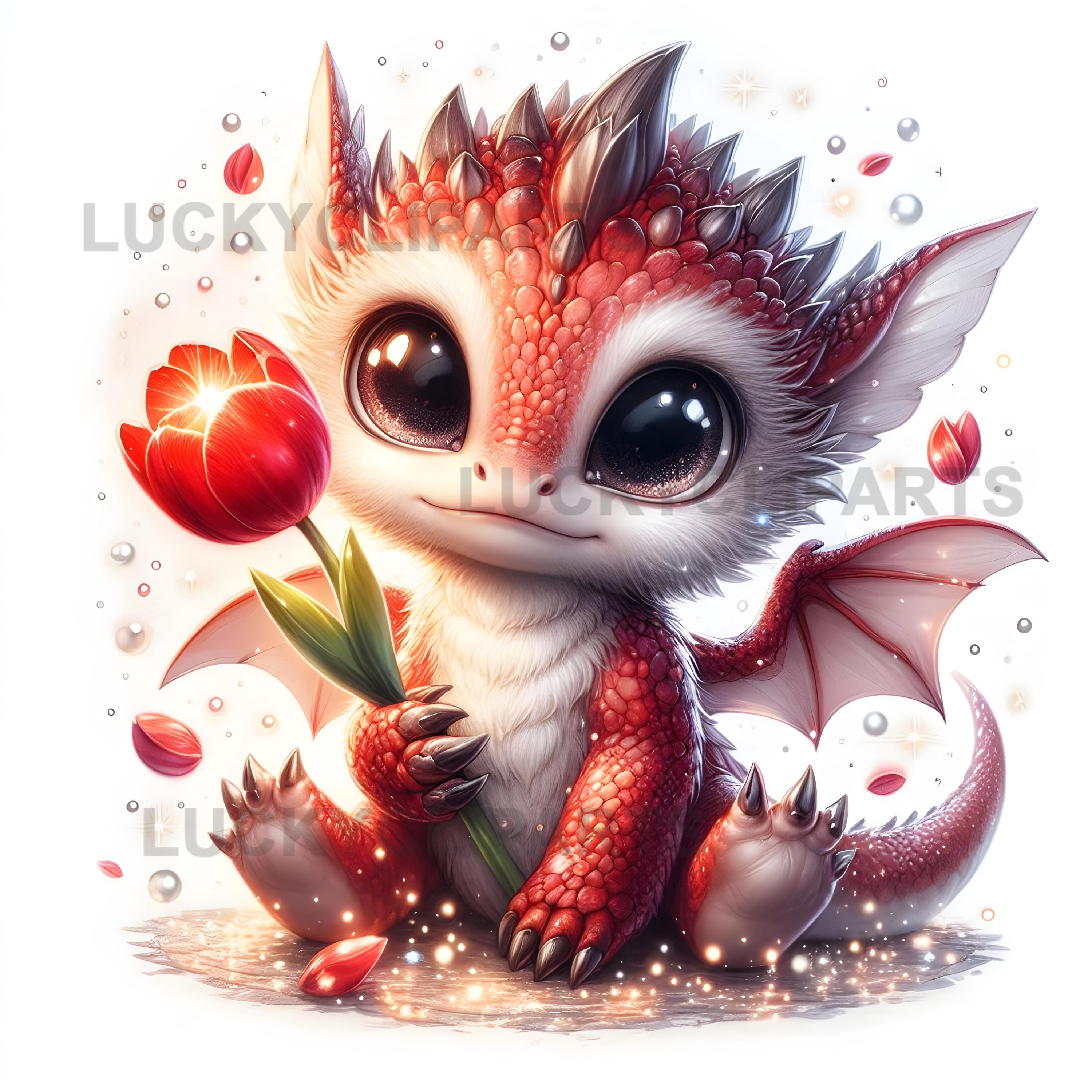 Baby Dragon Clipart Bundle Red Tulip Dragon Flower 10 JPEG Bundle, Cute ...