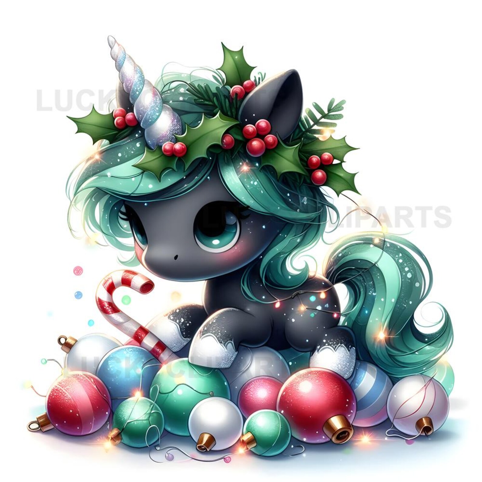 Christmas Black Unicorn Clipart Set of 10, Cute Holiday Unicorns With ...