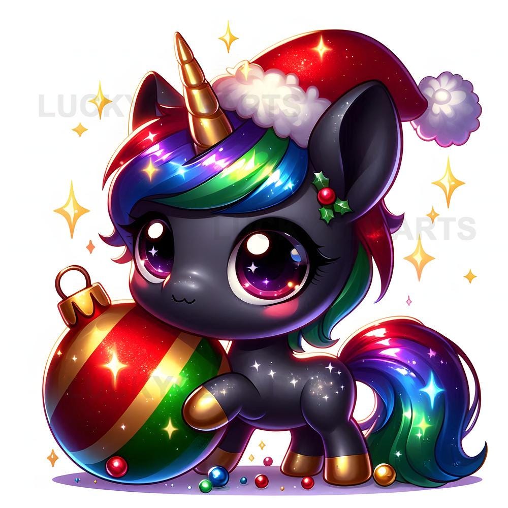Christmas Black Unicorn Clipart Set of 10 JPEG, Cute Holiday Unicorn ...