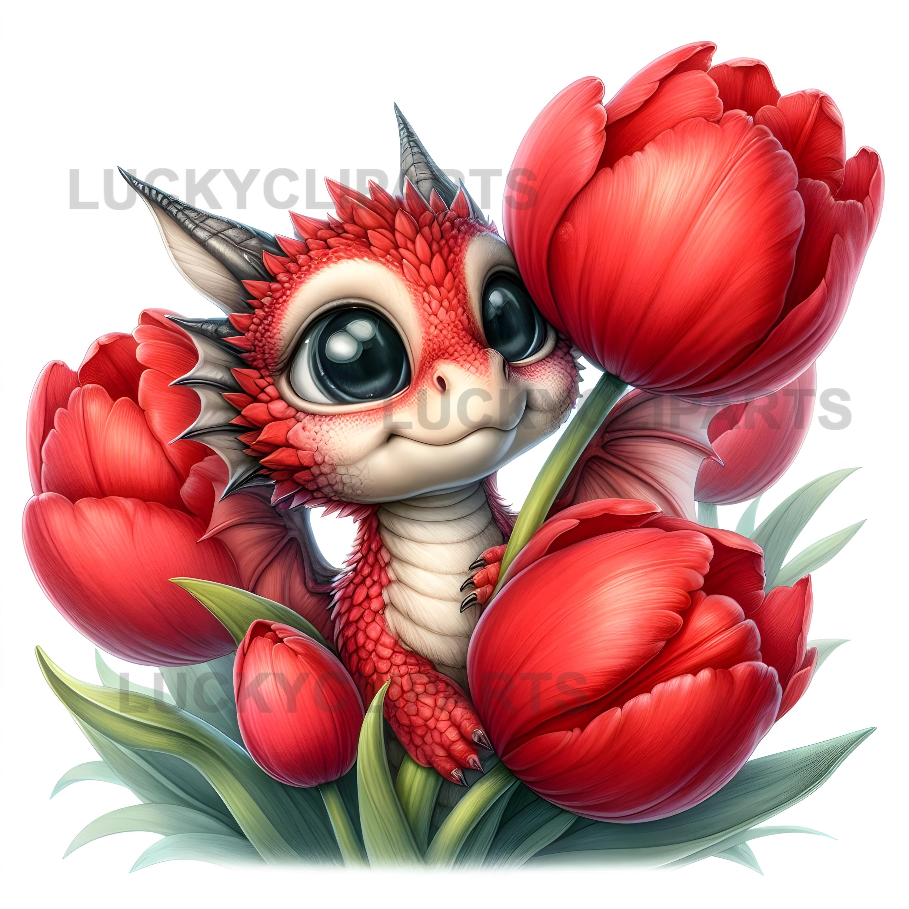 Baby Dragon Clipart Bundle Red Tulip Dragon Flower 10 JPEG Bundle, Cute ...