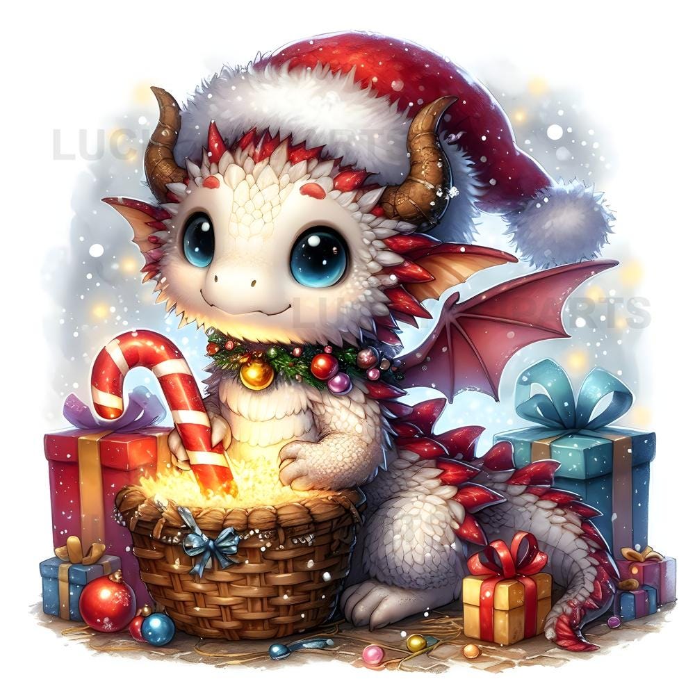 Christmas Baby Dragon Clipart JPEG Bundle of 10, Cute Chibi Holiday ...