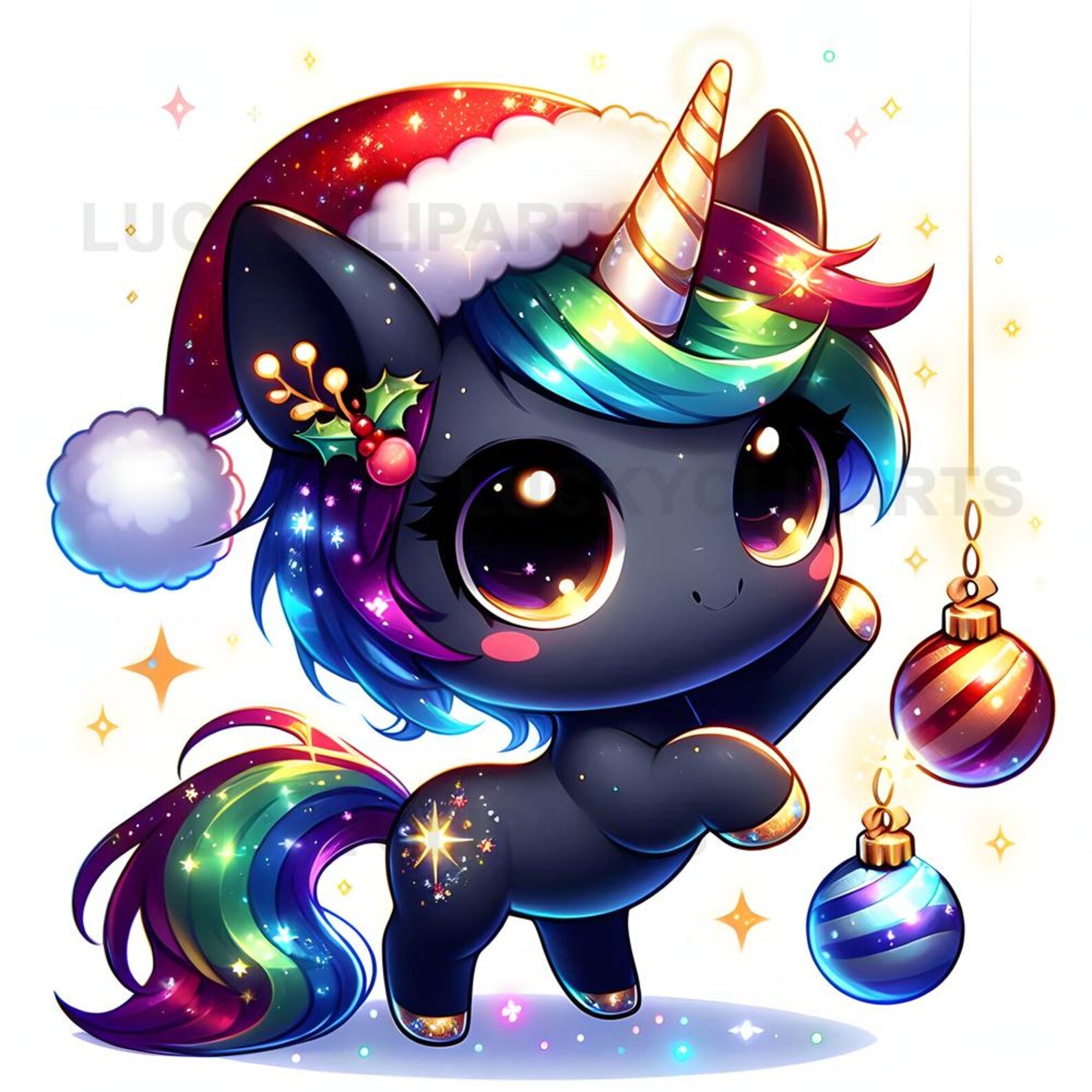 Christmas Black Unicorn Clipart Set of 10 JPEG, Cute Holiday Unicorn ...