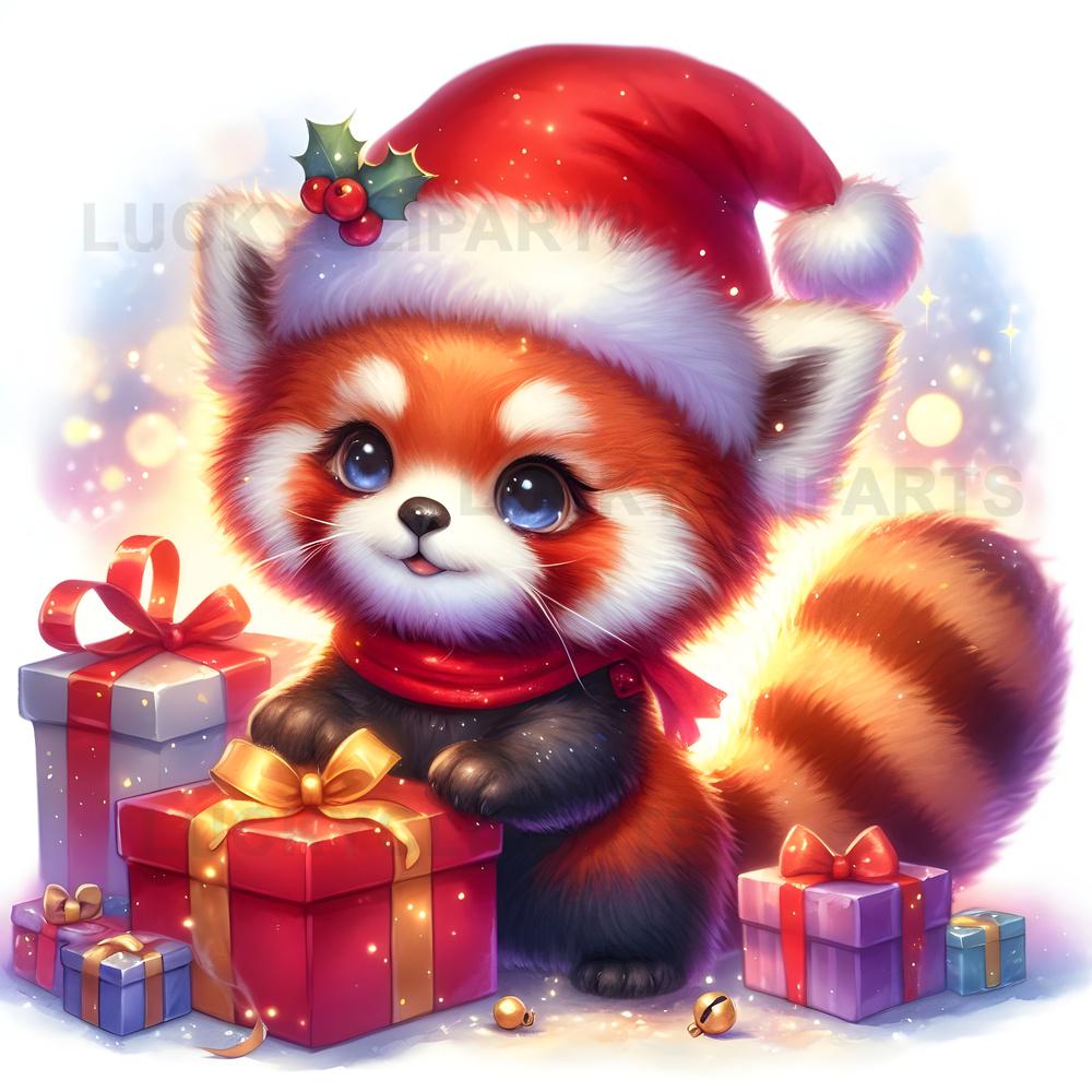 Christmas Baby Red Panda Clipart JPEG Bundle of 10, Cute Chibi Animal ...