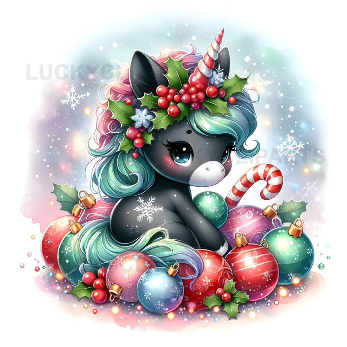 Christmas Black Unicorn Clipart Set of 10, Cute Holiday Unicorns With ...