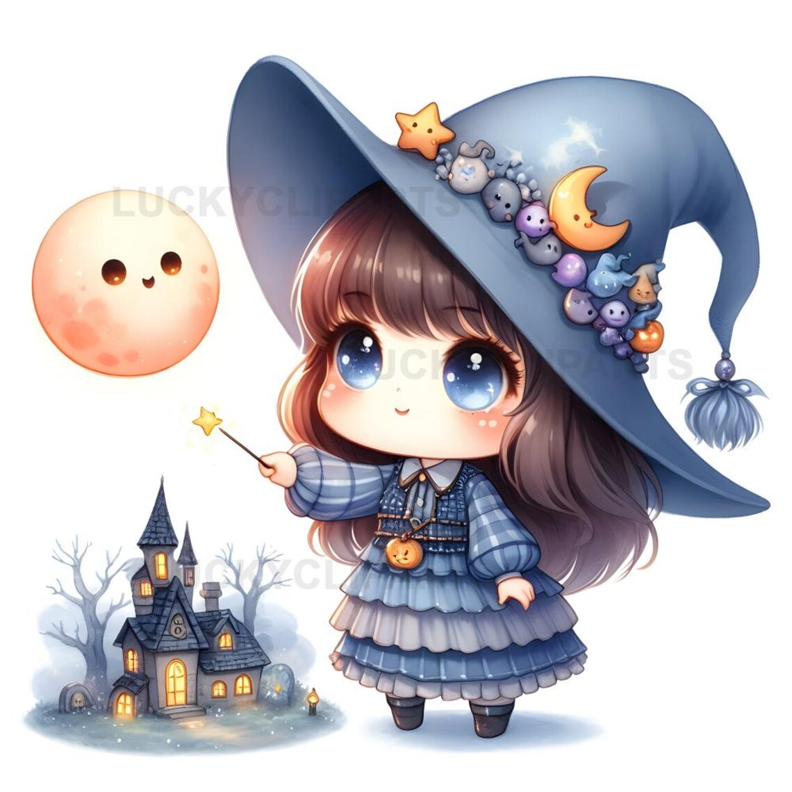 Halloween Doll Blue Witch Clipart Set of 10 JPEG, Cute Chibi Witch Girl ...