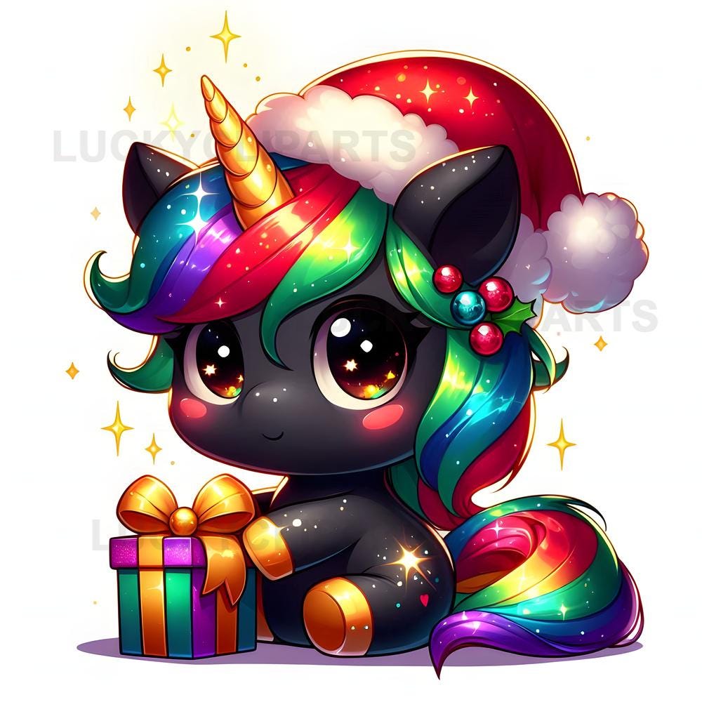 Christmas Black Unicorn Clipart Set of 10 JPEG, Cute Holiday Unicorn ...
