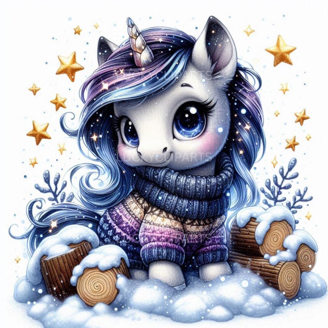 Winter Unicorn Christmas Clipart, Cute Holiday Unicorn JPEG, Snow, Pine ...