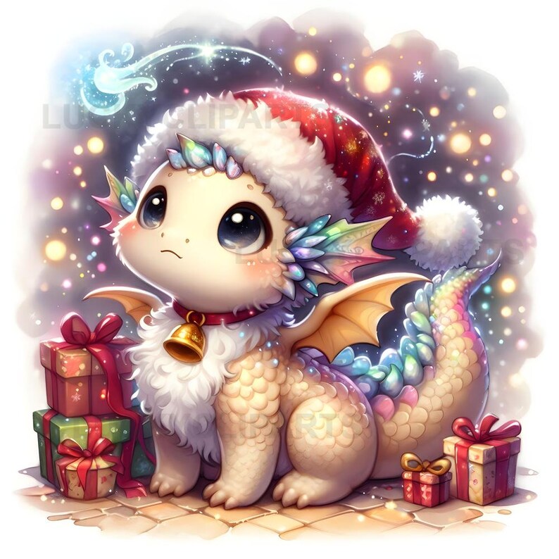 Christmas Baby Dragon Clipart JPEG Bundle of 10, Cute Chibi Holiday ...