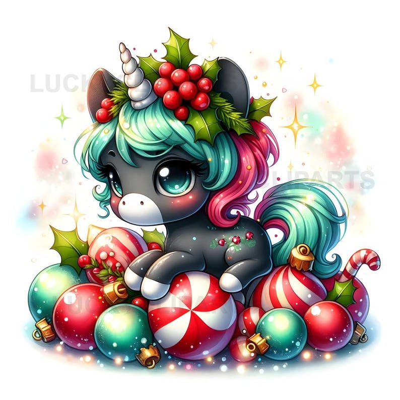 Christmas Black Unicorn Clipart Set of 10, Cute Holiday Unicorns With ...