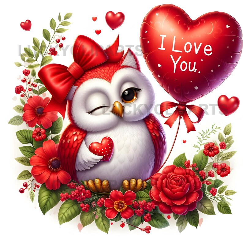 Valentine Owl Clipart | Heart Balloons and Roses JPEG| Love Birds ...