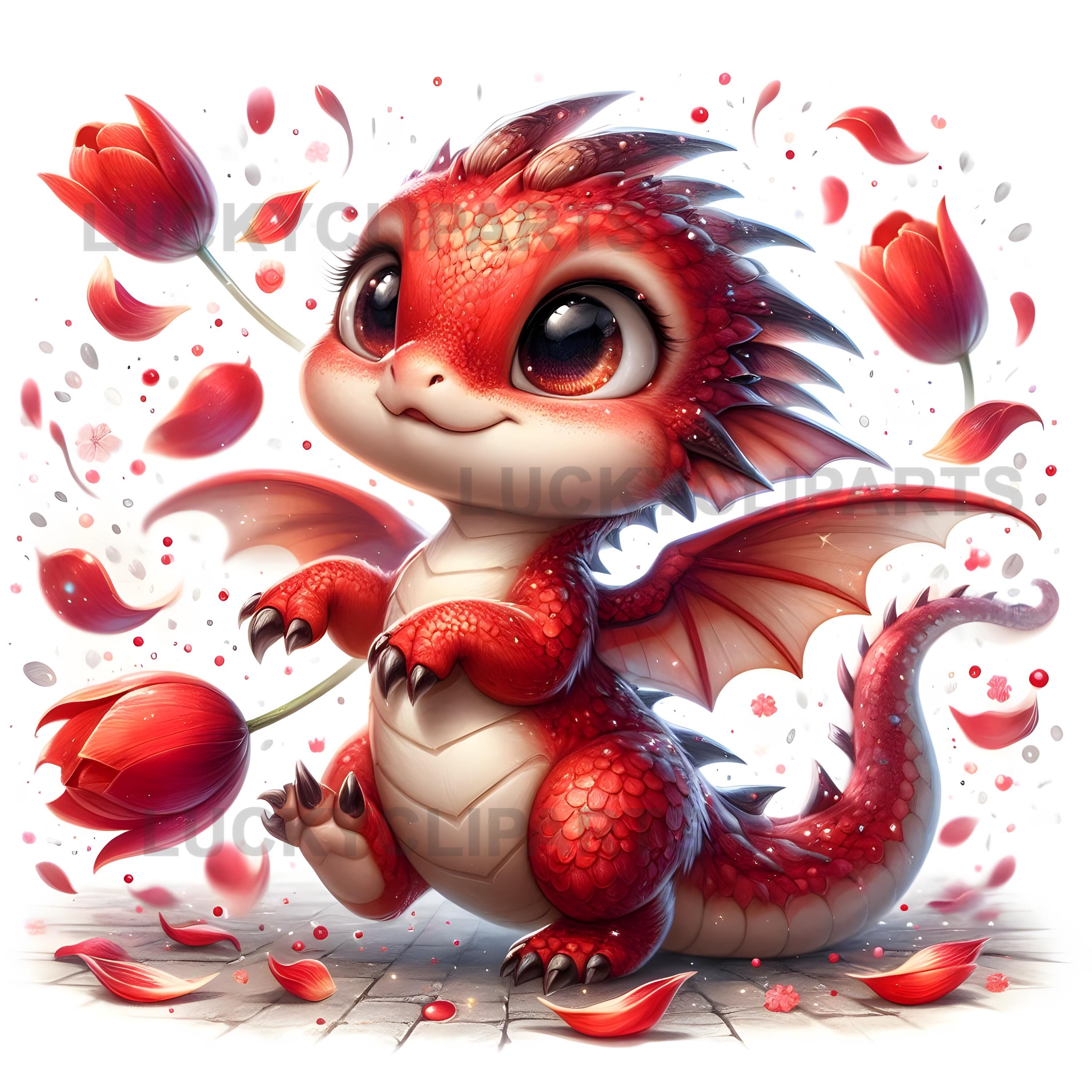 Baby Dragon Clipart Bundle Red Tulip Dragon Flower 10 JPEG Bundle, Cute ...