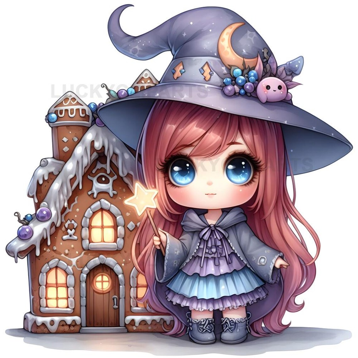 Halloween Doll Blue Witch Clipart Set of 10 JPEG, Cute Chibi Witch Girl ...